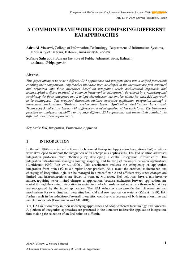(PDF) A COMMON FRAMEWORK FOR COMPARING DIFFERENT EAI APPROACHES