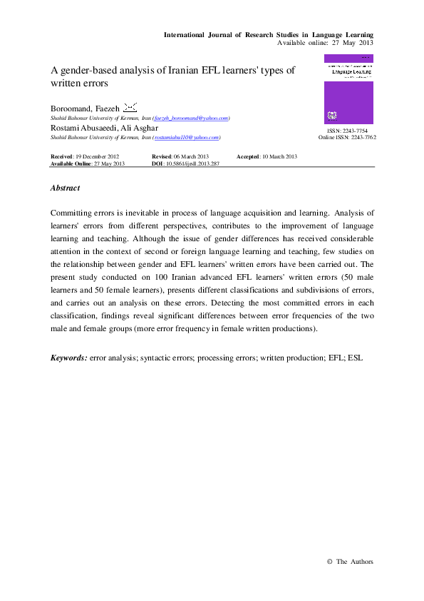 (PDF) A gender-based analysis of Iranian EFL learners' types of written errors A gender-based ...