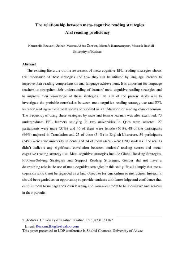 (PDF) The relationship between meta-cognitive reading strategies And reading proficiency