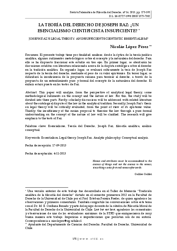 (PDF) La teoría del derecho de Joseph Raz: ¿un esencialismo ...