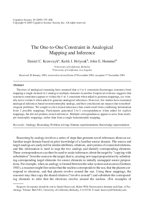 (PDF) The one-to-one constraint in analogical mapping and inference.