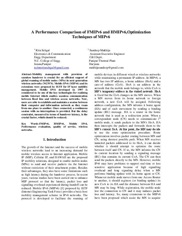 (PDF) A Performance Comparison of FMIPv6 and HMIPv6,Optimization Techniques of MIPv6