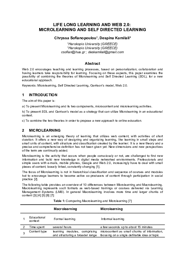 (DOC) LIFE LONG LEARNING AND WEB 2.0: MICROLEARNING AND SELF DIRECTED LEARNING