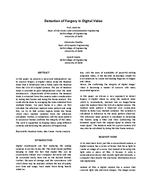 (PDF) Detection of Forgery In Digital Video