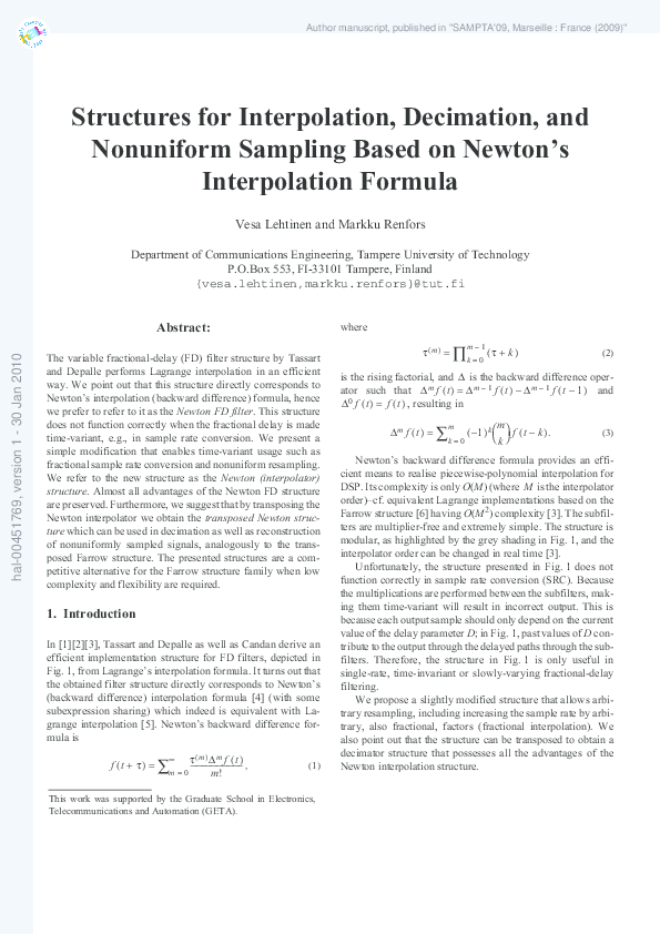 (PDF) Structures for Interpolation, Decimation, and Nonuniform Sampling Based on Newton's ...