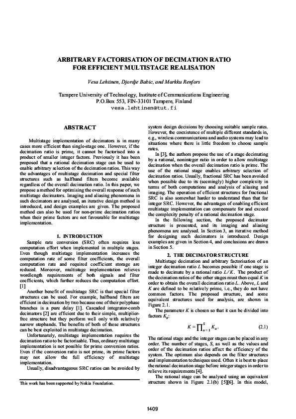 (PDF) Arbitrary Factorisation of Decimation Ratio for Efficient Multistage Realisation
