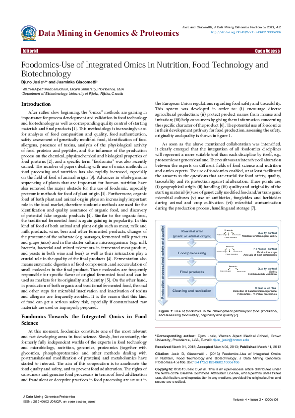 (PDF) Foodomics-Use of Integrated Omics in Nutrition, Food Technology ...