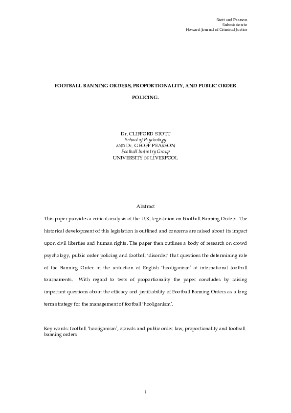 (PDF) Football Banning Orders, Proportionality, and Public Order Policing