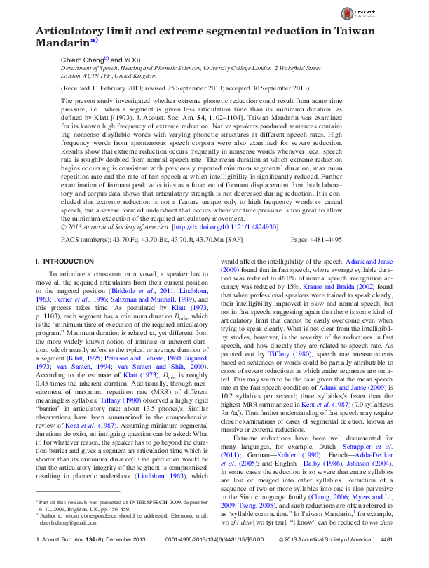 (PDF) Articulatory limit and extreme segmental reduction in Taiwan Mandarin | Chierh CHENG ...