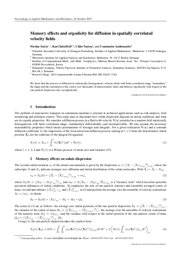 (PDF) Memory Effects and Ergodicity for Diffusion In Spatially ...