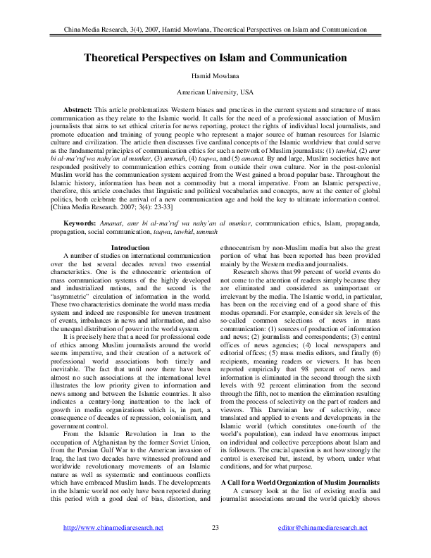 (PDF) Theoretical Perspectives on Islam and Communication