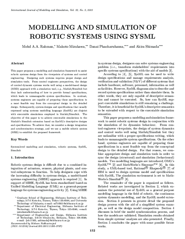 Pdf Modelling And Simulation Of Robotic Systems Using Sysml