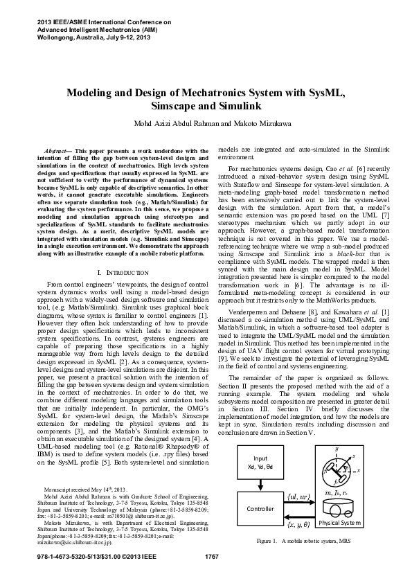 (PDF) Modeling and design of mechatronics system with sysml, simscape and simulink