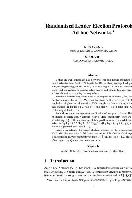 (PDF) Randomized Leader Election Protocols Ad-hoc Networks £ | setareh durudian - Academia.edu