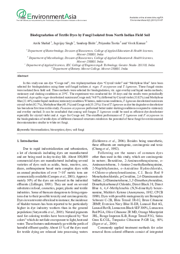 (PDF) Biodegradation of Textile Dyes by Fungi Isolated from North ...