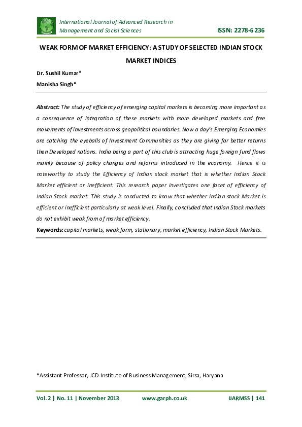 (PDF) WEAK FORM OF MARKET EFFICIENCY: A STUDY OF SELECTED INDIAN STOCK ...