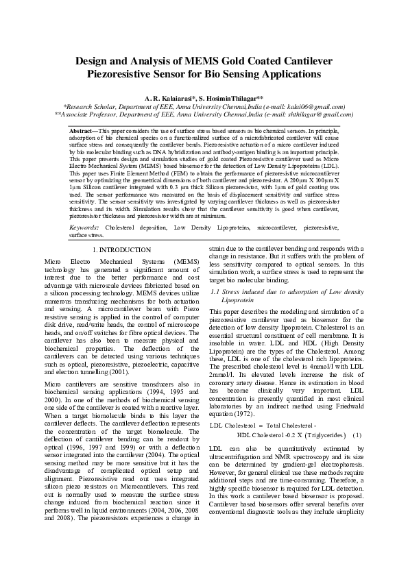 (PDF) Design and Analysis of MEMS Gold Coated Cantilever Piezoresistive Sensor for Bio Sensing ...
