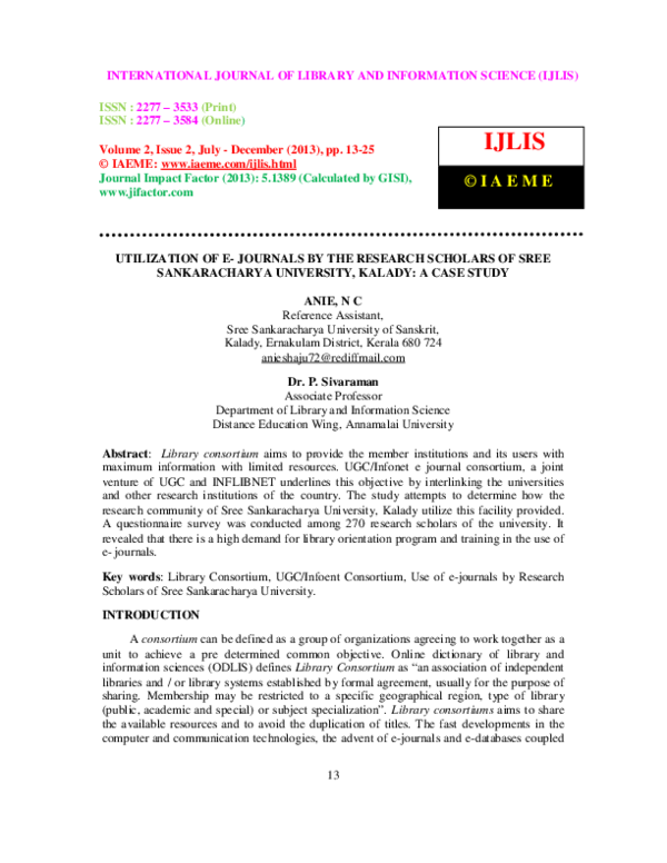 (PDF) UTILIZATION OF E-JOURNALS BY THE RESEARCH SCHOLARS OF SREE ...