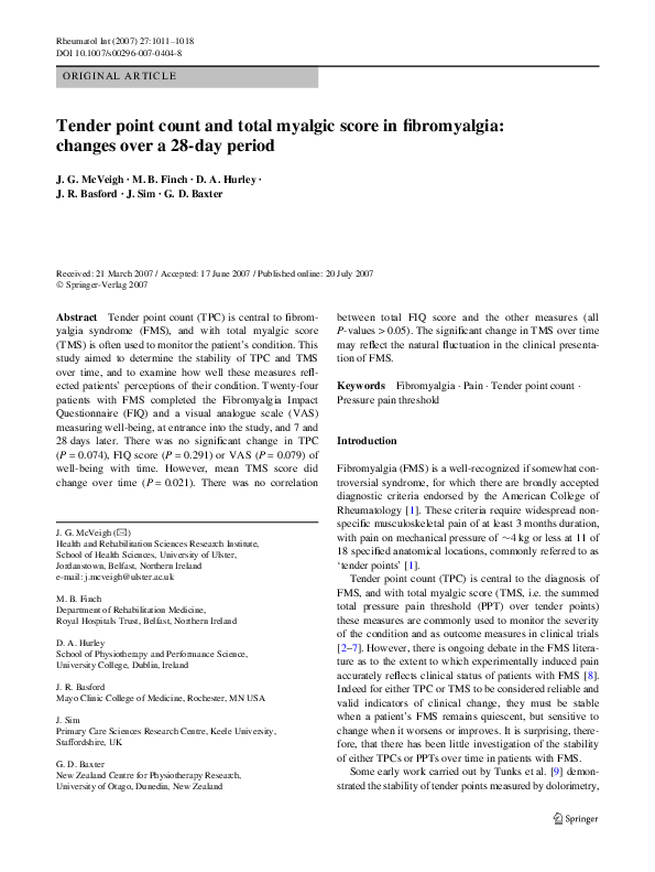 (PDF) Tender point count and total myalgic score in fibromyalgia ...