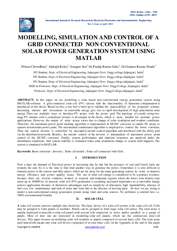 Modelling Simulation And Control Of A Grid Connected Non Conventional