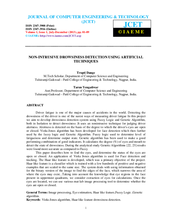 Pdf Non Intrusive Drowsiness Detection Using Artificial Techniques