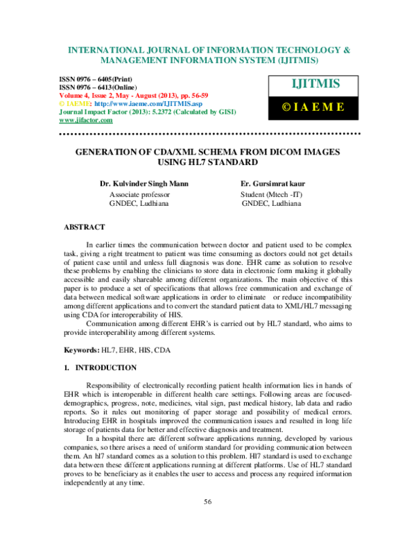Pdf Generation Of Cdaxml Schema From Dicom Images Using Hl7 Standard