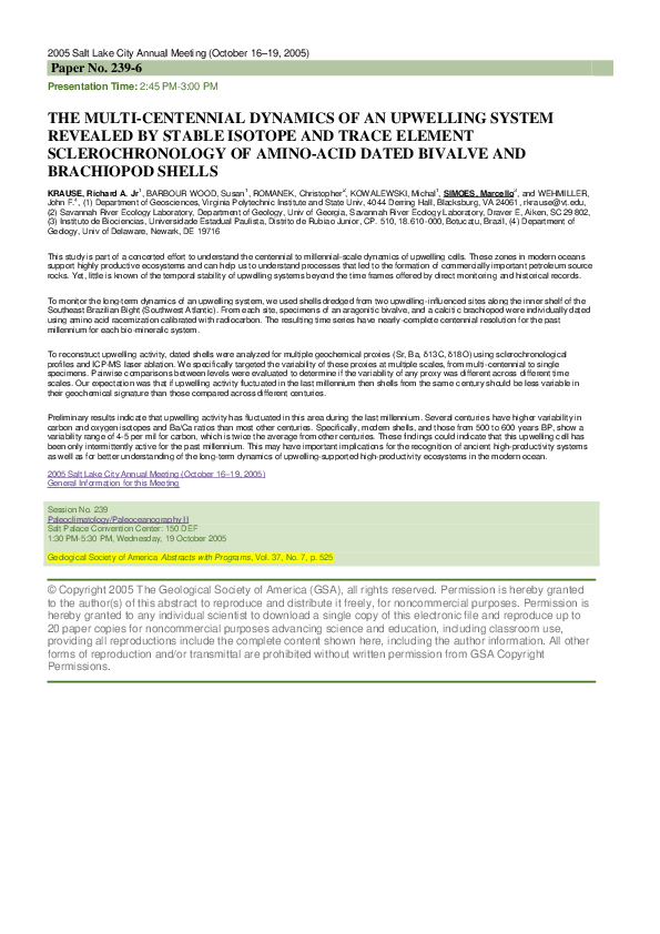 (PDF) THE MULTI-CENTENNIAL DYNAMICS OF AN UPWELLING SYSTEM REVEALED BY STABLE ISOTOPE AND TRACE ...
