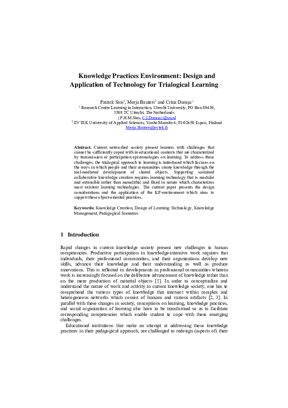 (PDF) Knowledge Practices Environment: Design and Application of Technology for Trialogical Learning