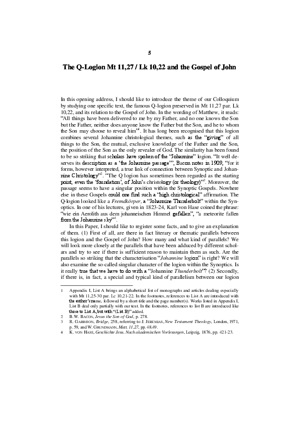 (PDF) The Q-Logion Mt 11,27 / Lk 10,22 and the Gospel of John