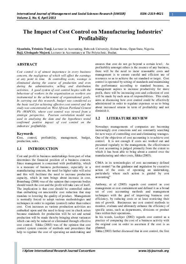 (PDF) The Impact of Cost Control on Manufacturing Industries' Profitability