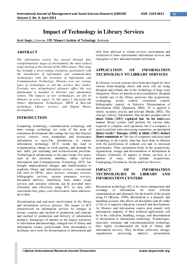 (PDF) Impact of Technology in Library Services