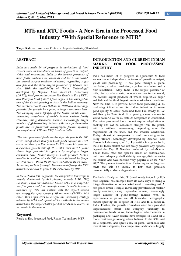 (PDF) RTE and RTC Foods -A New Era in the Processed Food Industry "With Special Reference to MTR ...