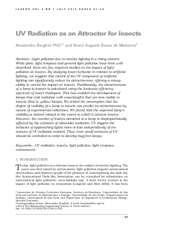 Pdf Uv Radiation As An Attractor For Insects