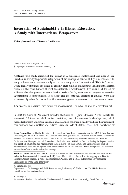 (PDF) Integration of Sustainability in Higher Education: A Study with ...