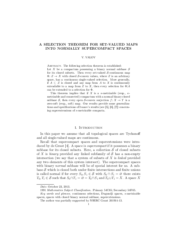 (PDF) A selection theorem for set-valued maps into normally supercompact spaces