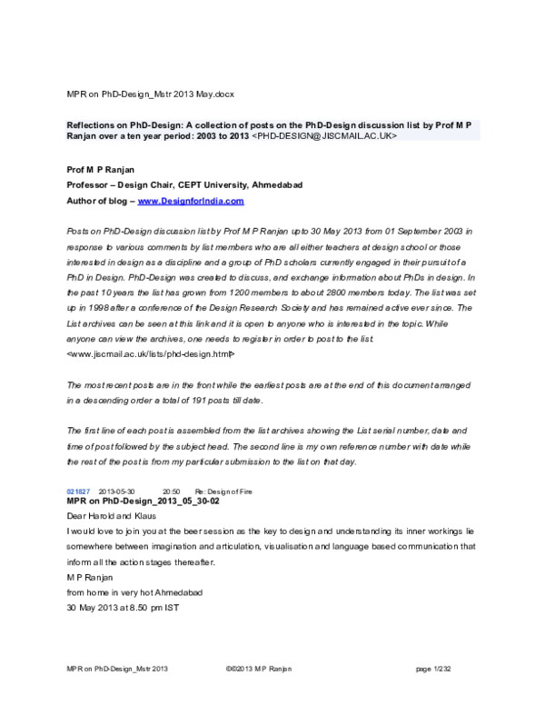 (PDF) MP Ranjan on PhD-Design_Mstr_2003 Sept to 2013 May | Ranjan MP ...