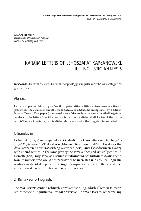 (PDF) Karaim Letters of Jehoszafat Kapłanowski. II. Linguistic Analysis
