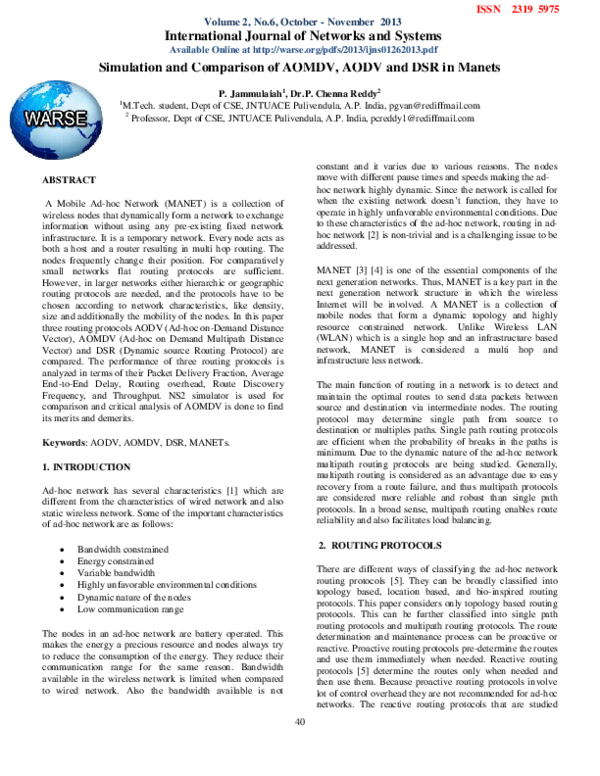 Pdf Simulation A Nd Comparison Of Aomdv Aodv And Dsr I N Manets