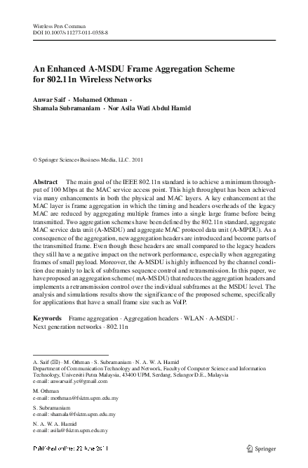 An Enhanced A Msdu Frame Aggregation Scheme For 80211 N Wireless Networks