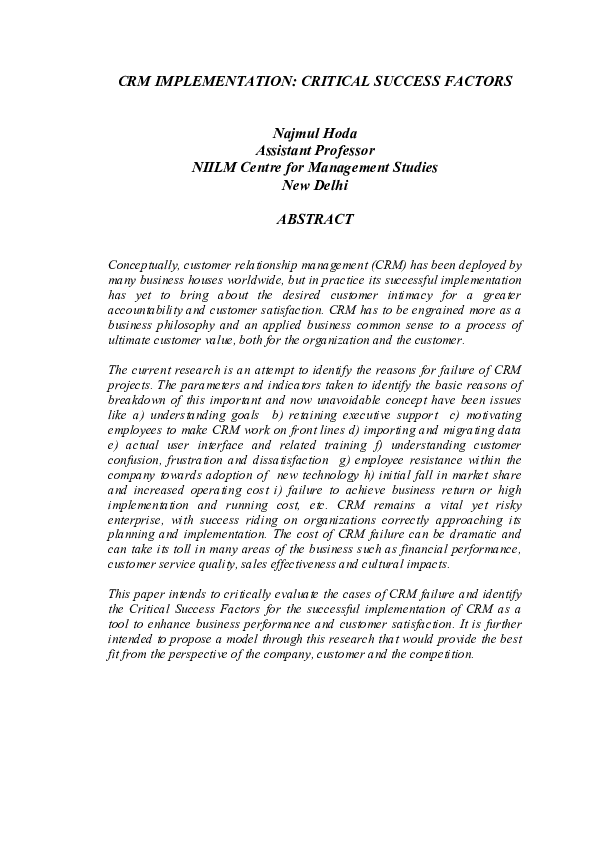 (DOC) CRM Implementation: Critical Success Factors