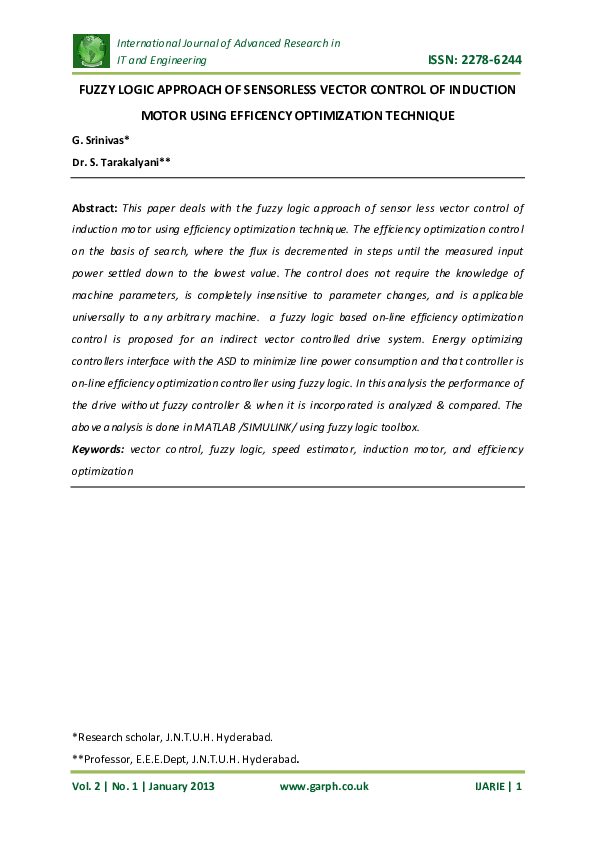 Pdf Fuzzy Logic Approach Of Sensorless Vector Control Of Induction Motor Using Efficency