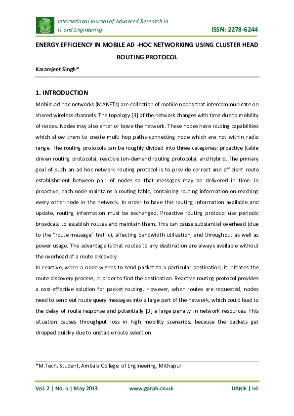 Pdf Energy Efficiency In Mobile Ad Hoc Networking Using Cluster Head Routing Protocol
