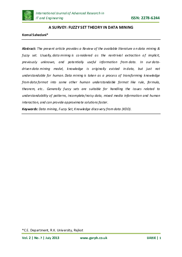 Pdf A Survey Fuzzy Set Theory In Data Mining