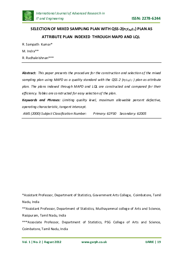 Pdf Selection Of Mixed Sampling Plan With Qss 2 N C N C T Plan As Attribute Plan Indexed