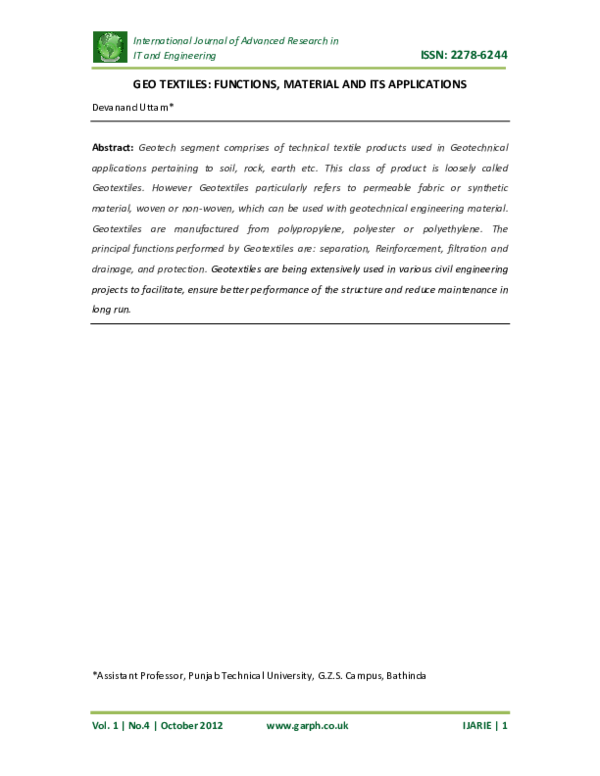 (PDF) GEO TEXTILES: FUNCTIONS, MATERIAL AND ITS APPLICATIONS