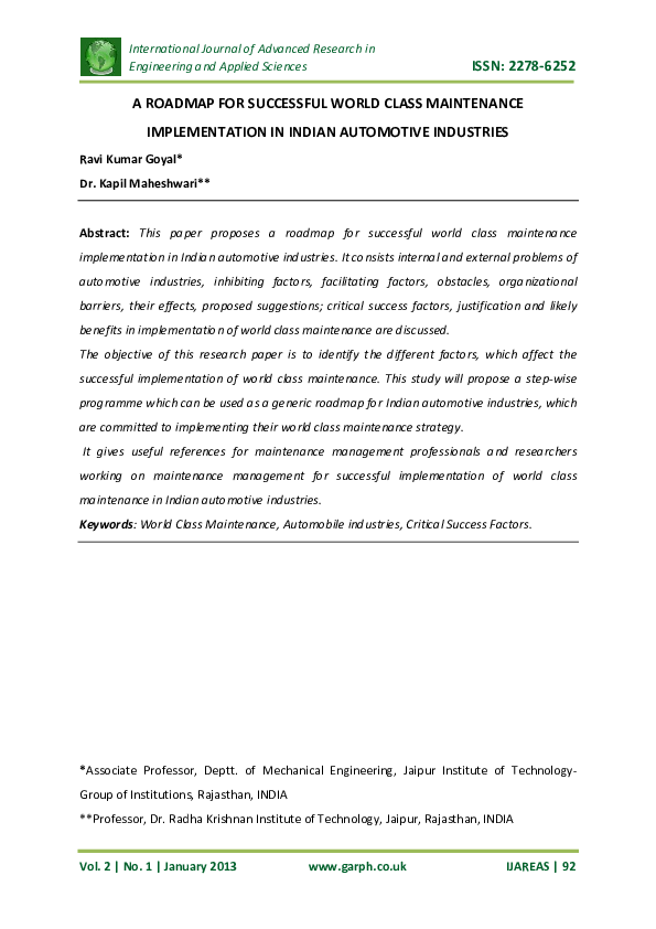 (PDF) A ROADMAP FOR SUCCESSFUL WORLD CLASS MAINTENANCE IMPLEMENTATION IN INDIAN AUTOMOTIVE ...