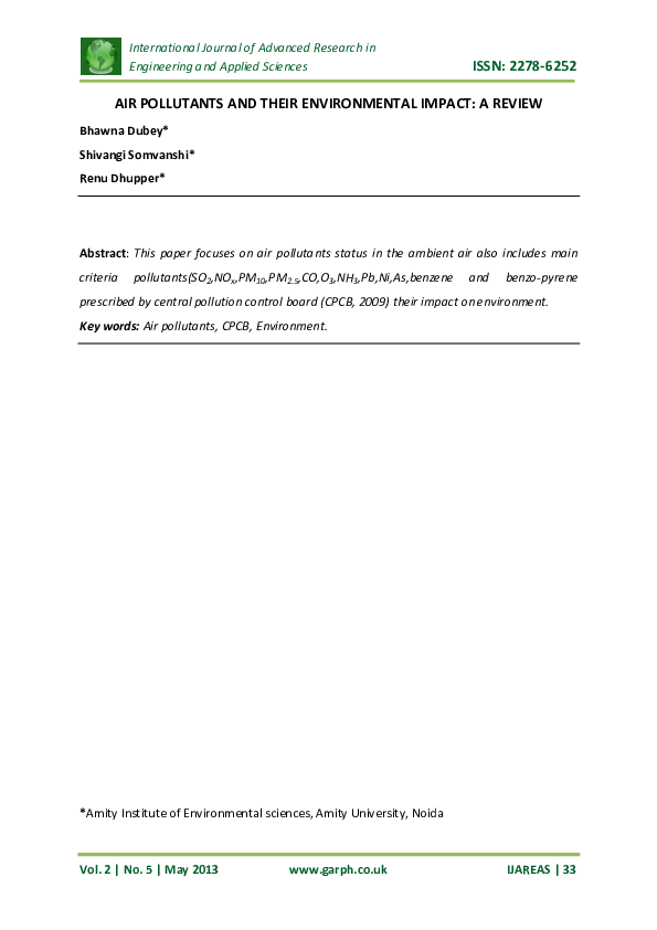 (PDF) AIR POLLUTANTS AND THEIR ENVIRONMENTAL IMPACT: A REVIEW INTRODUCTION