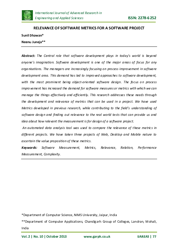 (PDF) RELEVANCE OF SOFTWARE METRICS FOR A SOFTWARE PROJECT