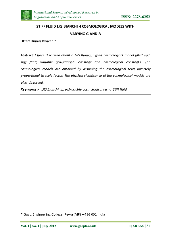 (PDF) STIFF FLUID LRS BIANCHI -I COSMOLOGICAL MODELS WITH VARYING G AND Λ