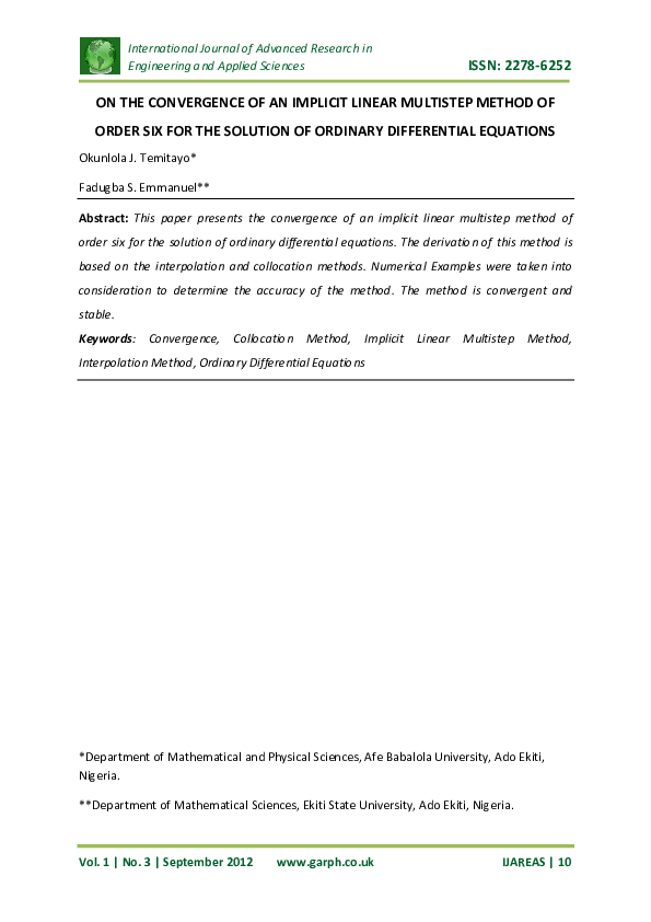 Pdf On The Convergence Of An Implicit Linear Multistep Method Of Order Six For The Solution Of